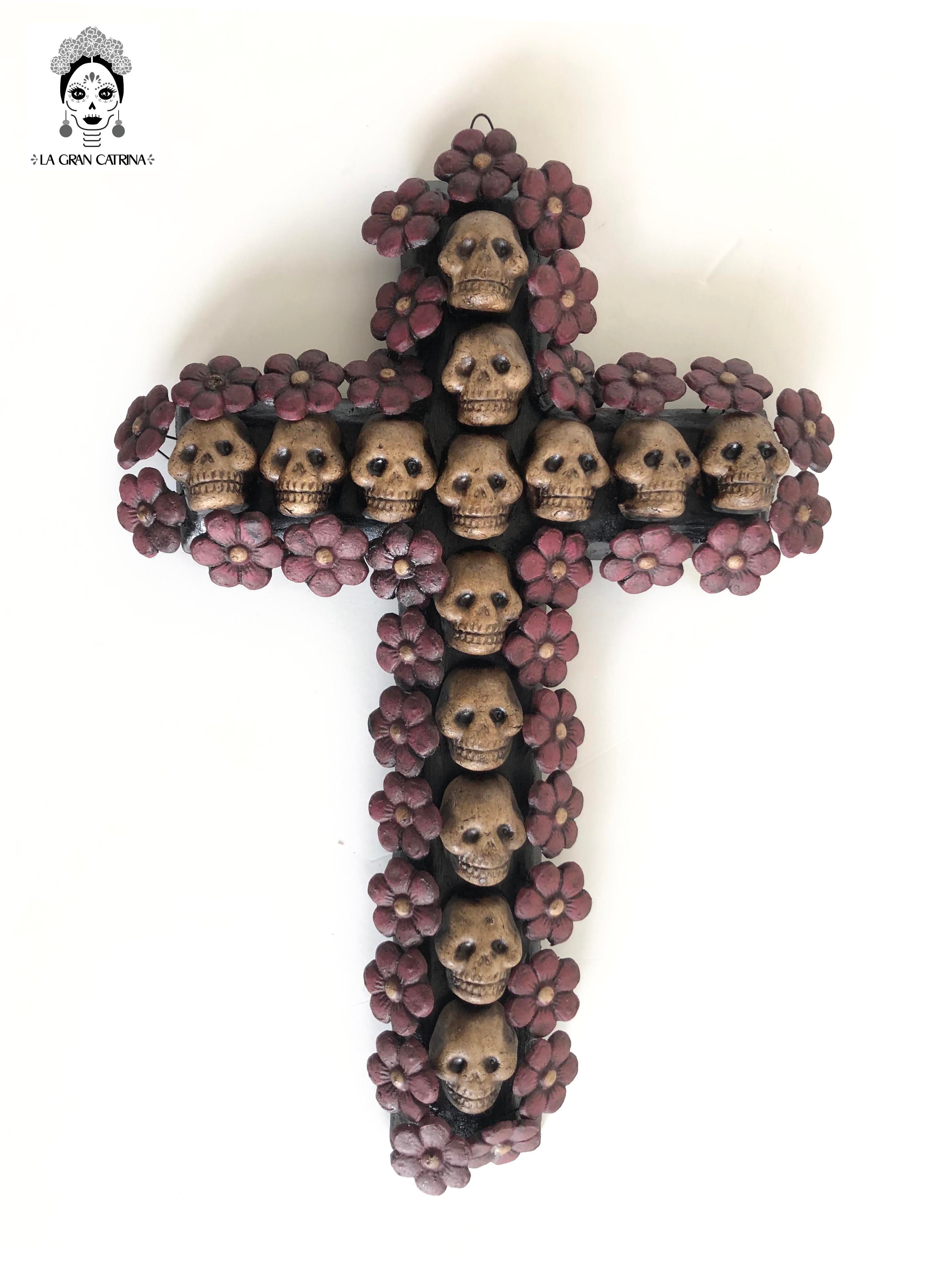 Cruz de Día de Muertos calaveras y cempasuchil 24 cm. 10 in ...