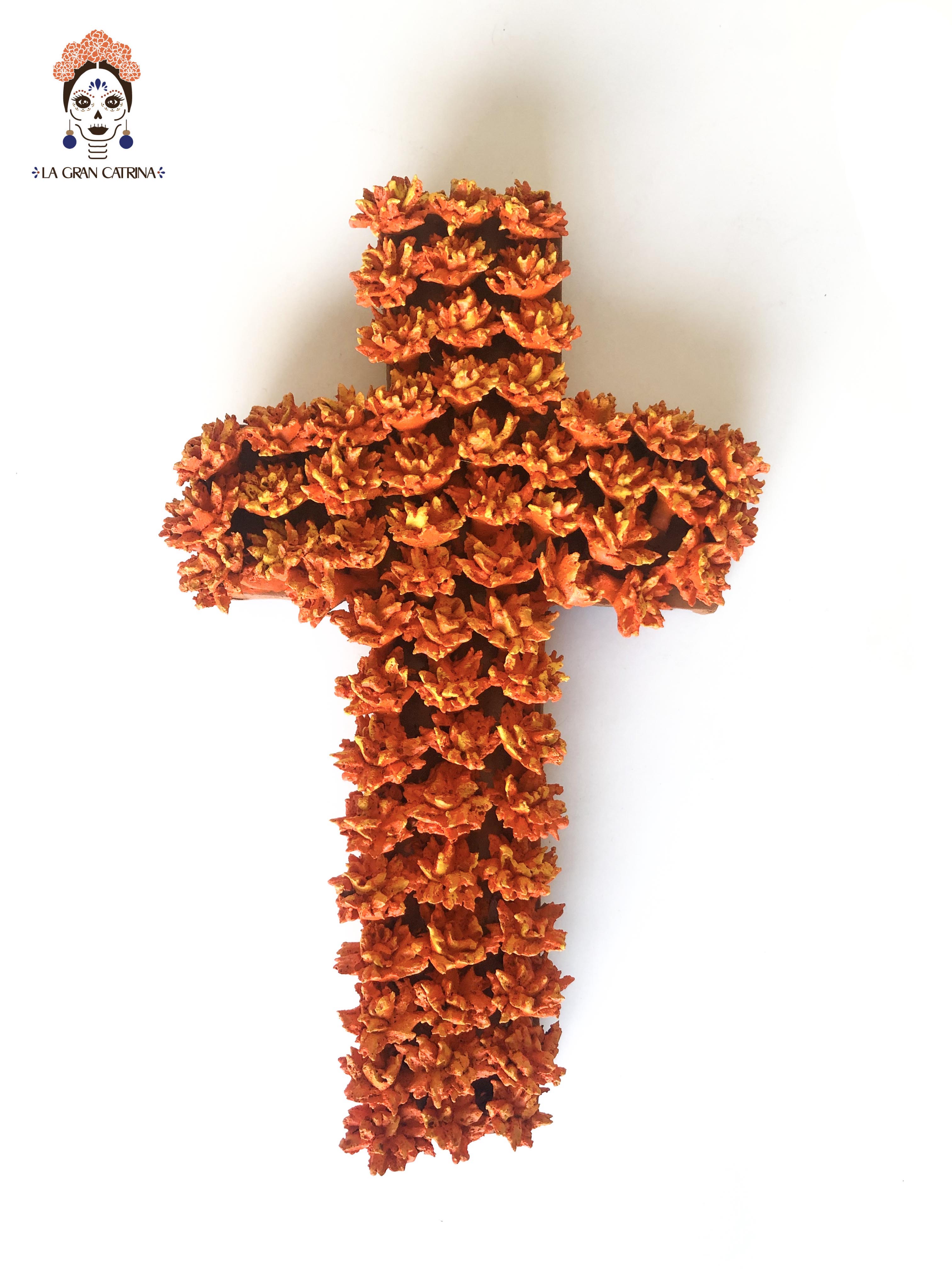 Cruz de Día de Muertos calaveras y cempasuchil 24 cm. 10 in ...