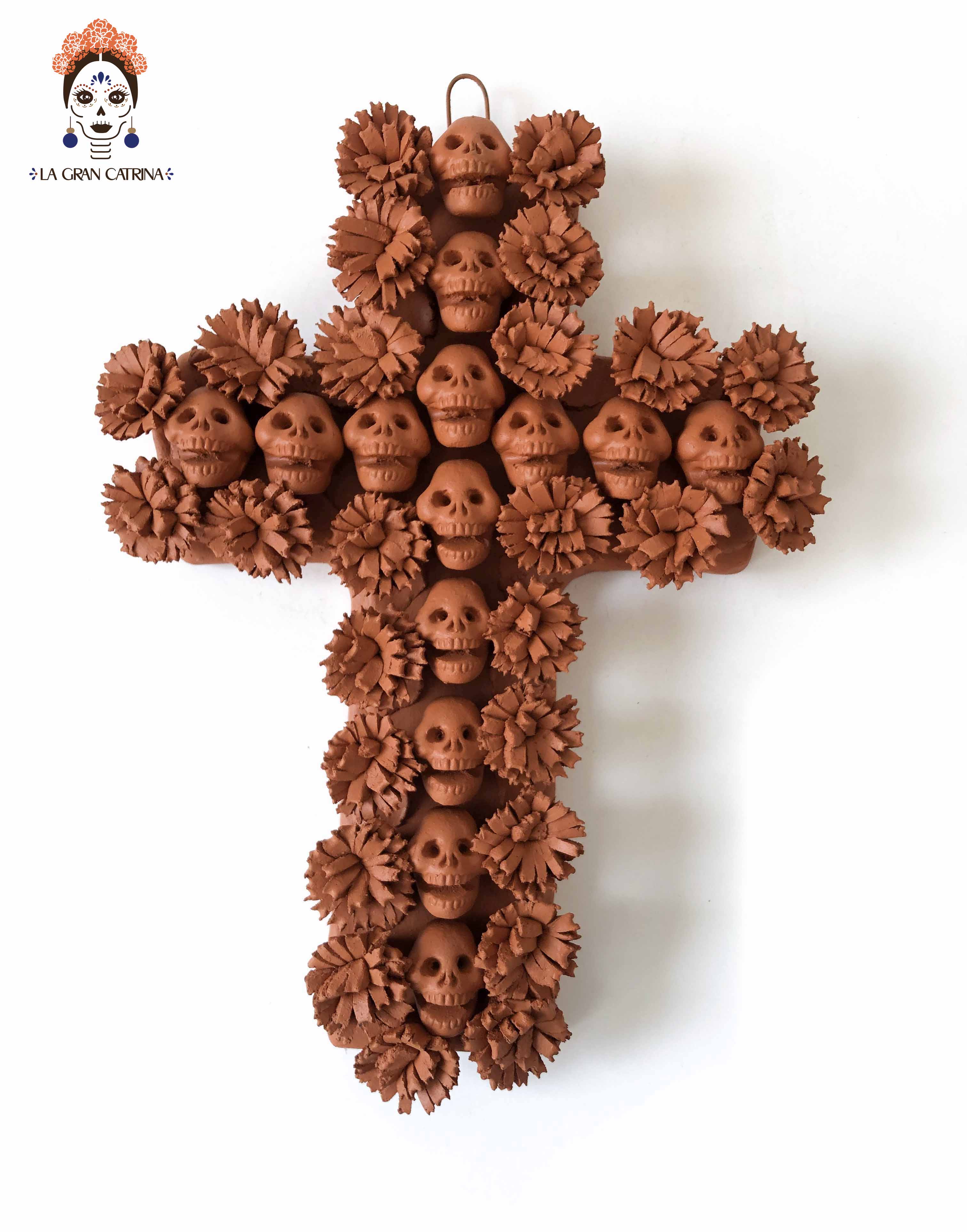 Cruz de Día de Muertos calaveras y cempasuchil 24 cm. 10 in ...