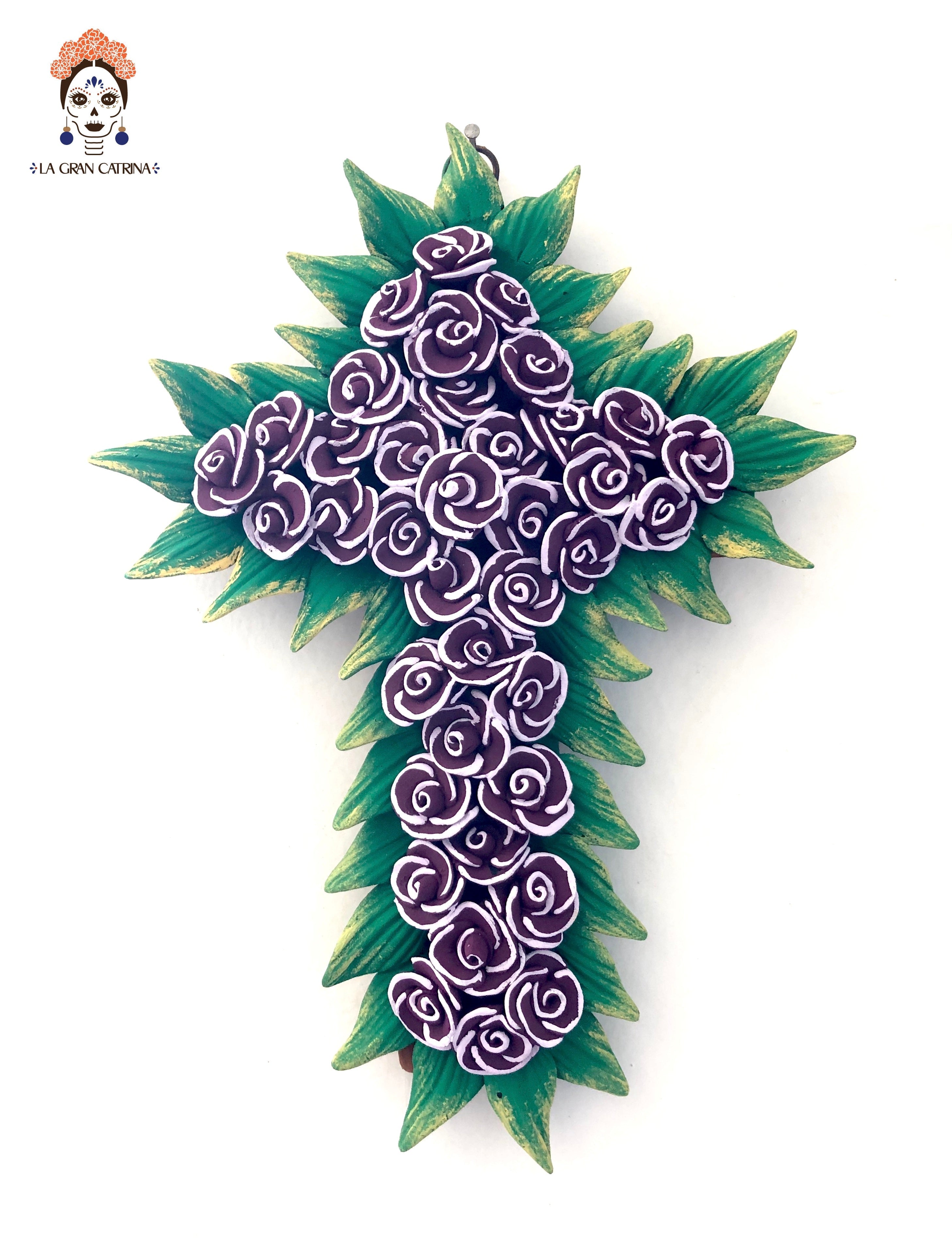 Cruz de Día de Muertos calaveras y cempasuchil 24 cm. 10 in ...